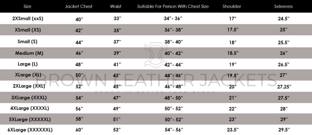 Size Chart - Brown Leather Jackets