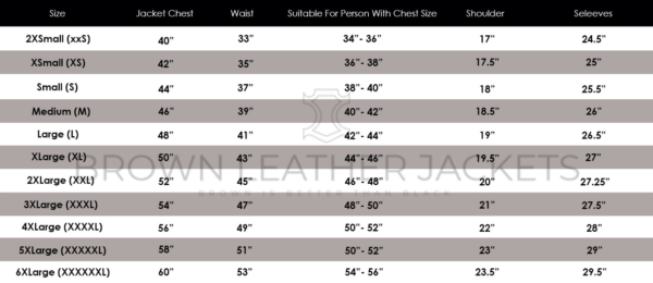 Size Chart - Brown Leather Jackets