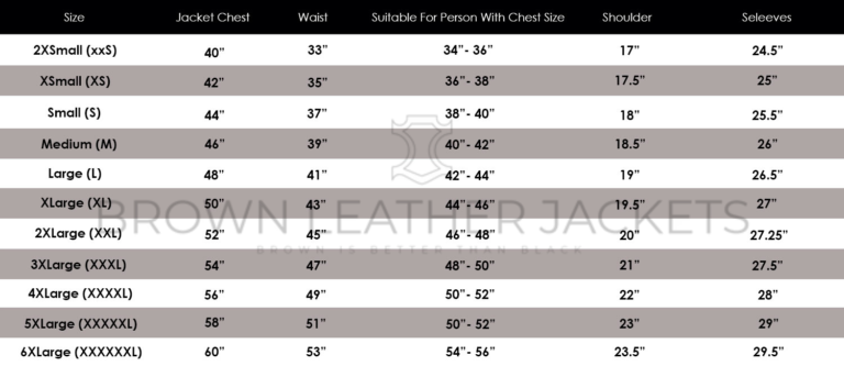 Size Chart - Brown Leather Jackets