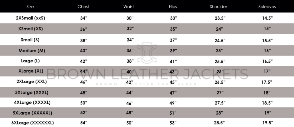 Size Chart - Brown Leather Jackets